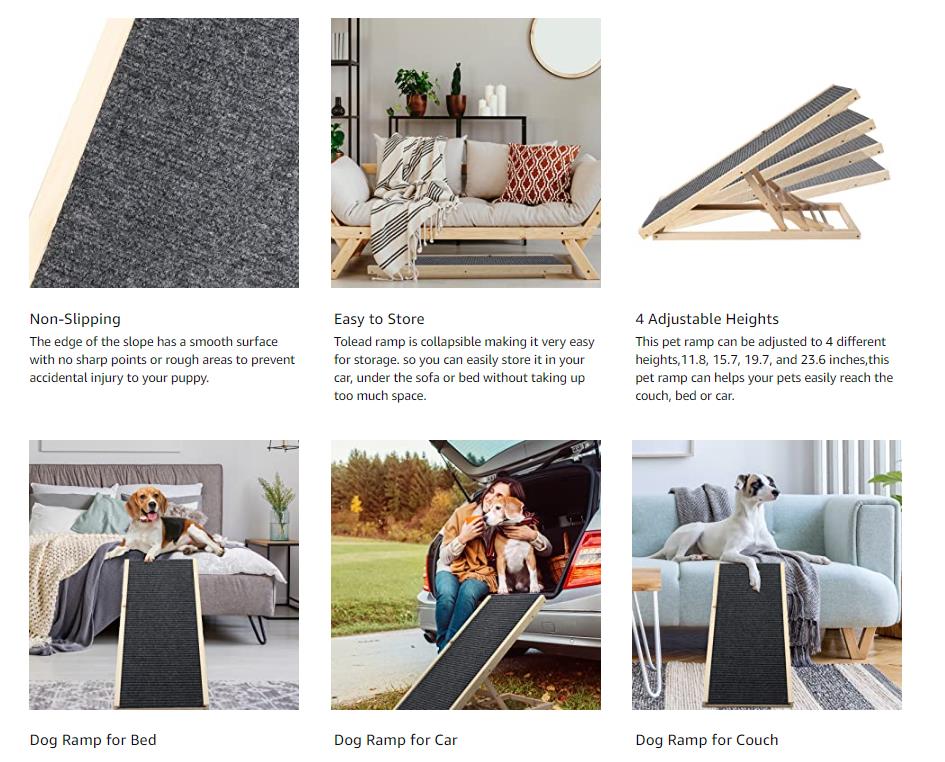 Wooden Adjustable Pet Ramp,Folding Portable Dog & Cat Ramp for Bed and ...